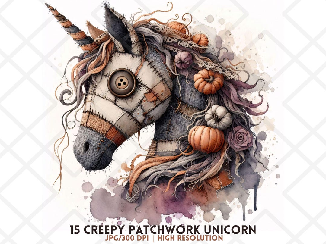 Creepy Patchwork Unicorn Halloween Clipart JPG Fall Spooky Scary Gothic ...