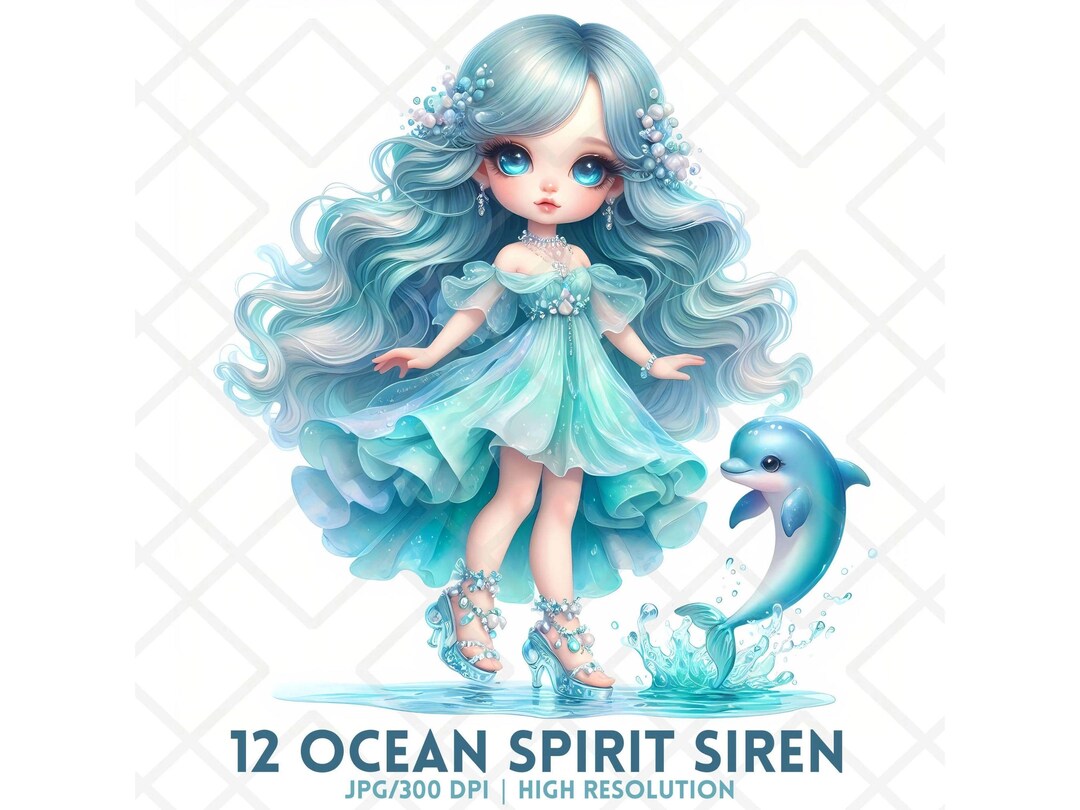 Magical Ocean Princess Clipart, Cute Kawaii Girl With Dolphin, Fantasy ...