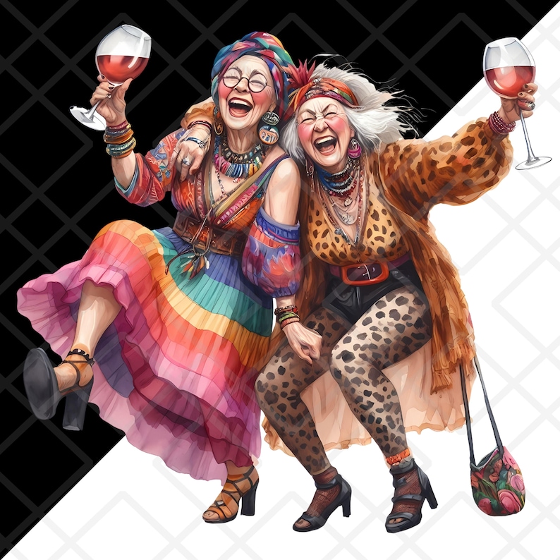 Fun Wine-drinking Old Ladies Clipart PNG, Quirky Grandma Best Friends ...