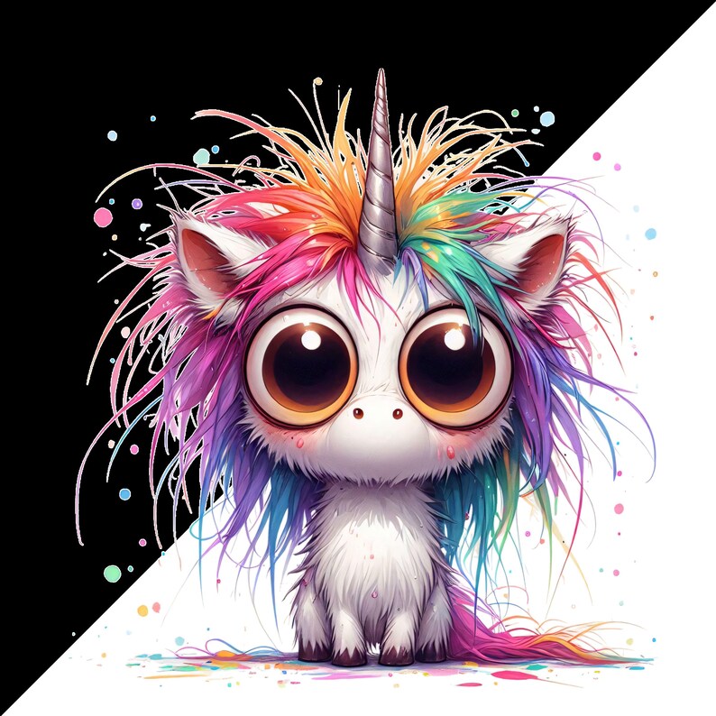 Watercolor Frazzled Rainbow Unicorn PNG, Quirky Big Eyes Cute Unicorn ...