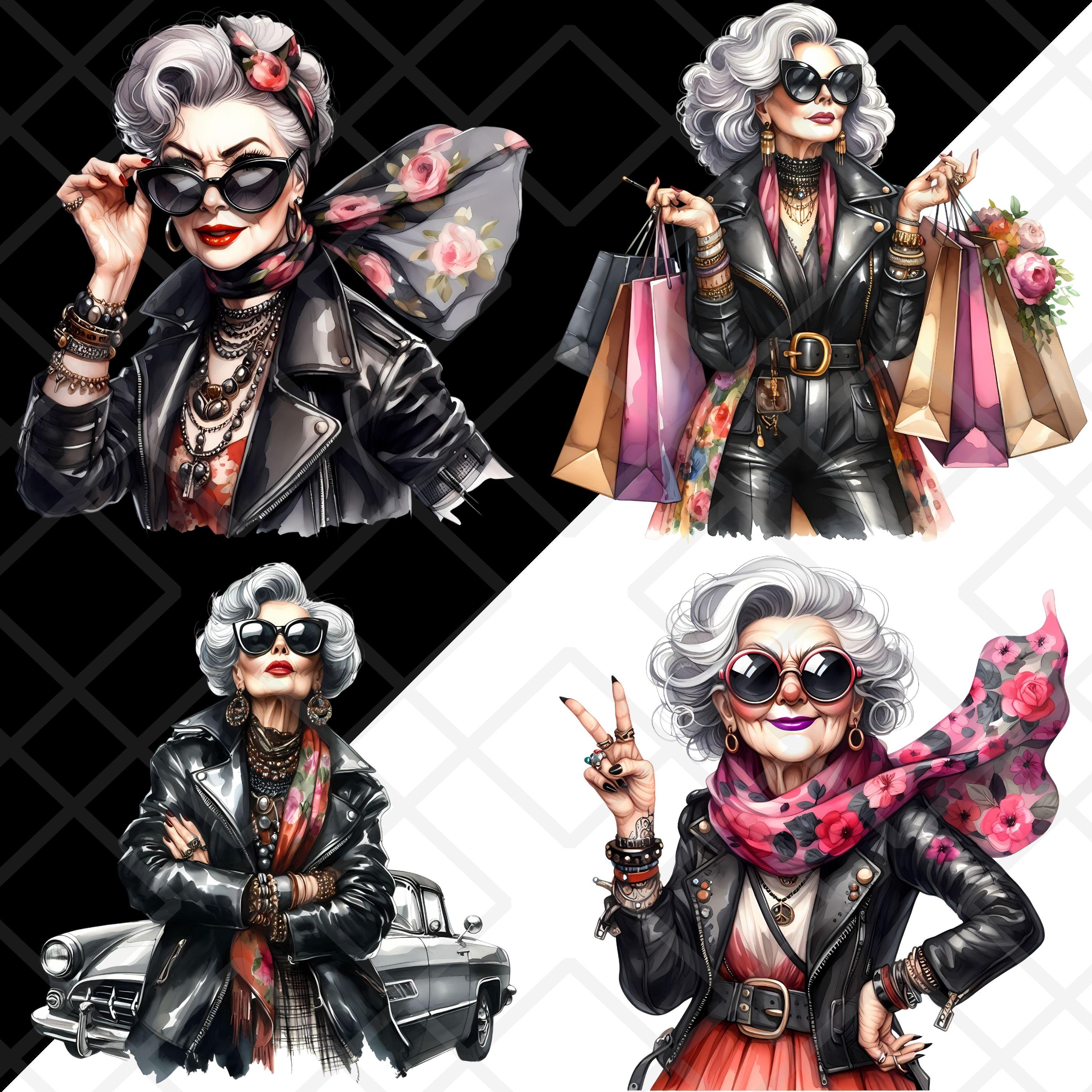 Glam Rock Sassy Old Lady PNG, Stylish Rebel Grandma Clipart, Fierce ...