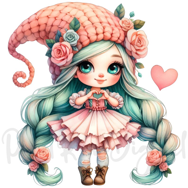 12 Mint Meadow Gnome Clipart PNG Green Braided Hair Girl Floral Hat ...