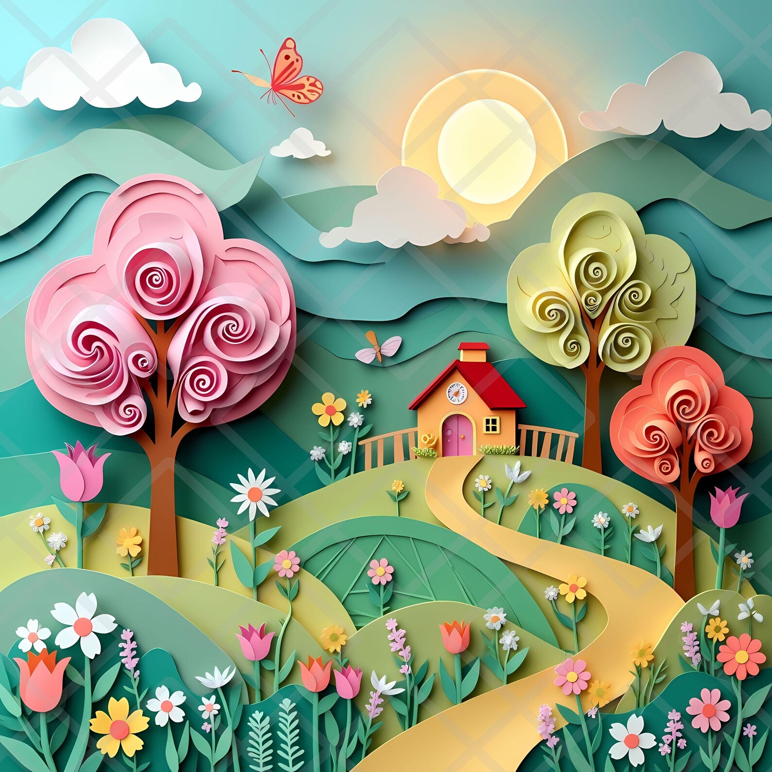 Whimsical Spring Landscape Paper Cut Out JPG Clipart, Spring Wallpaper ...
