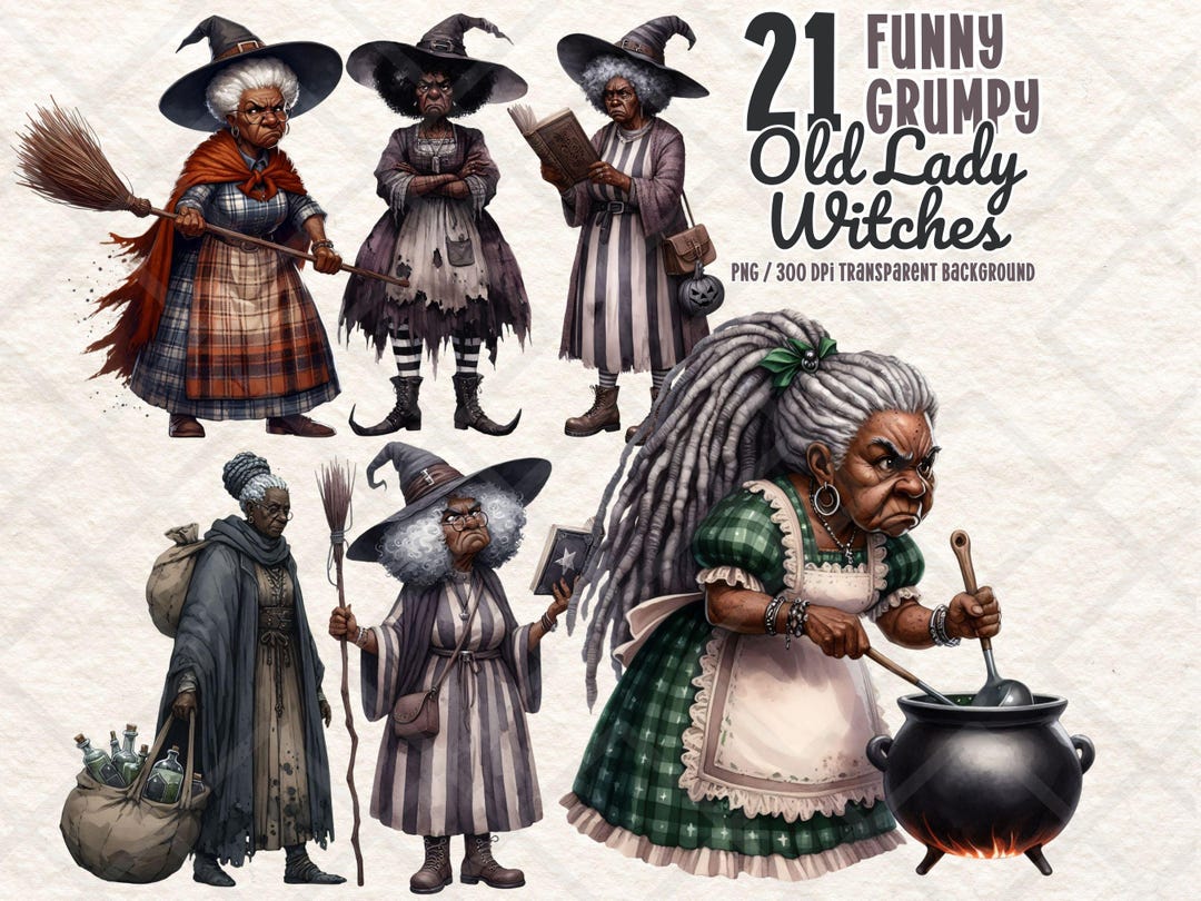 Grumpy Black Witch Clipart PNG Funny Halloween Old Lady Witches Afro ...