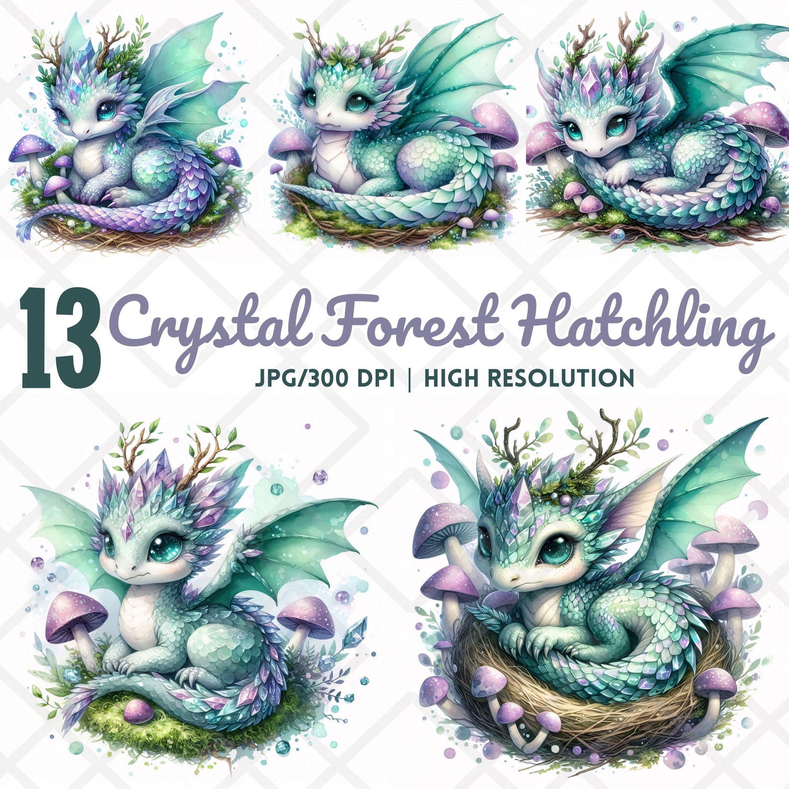 Crystal Forest Hatchling JPG Clipart, Cute Watercolor Baby Dragon With ...