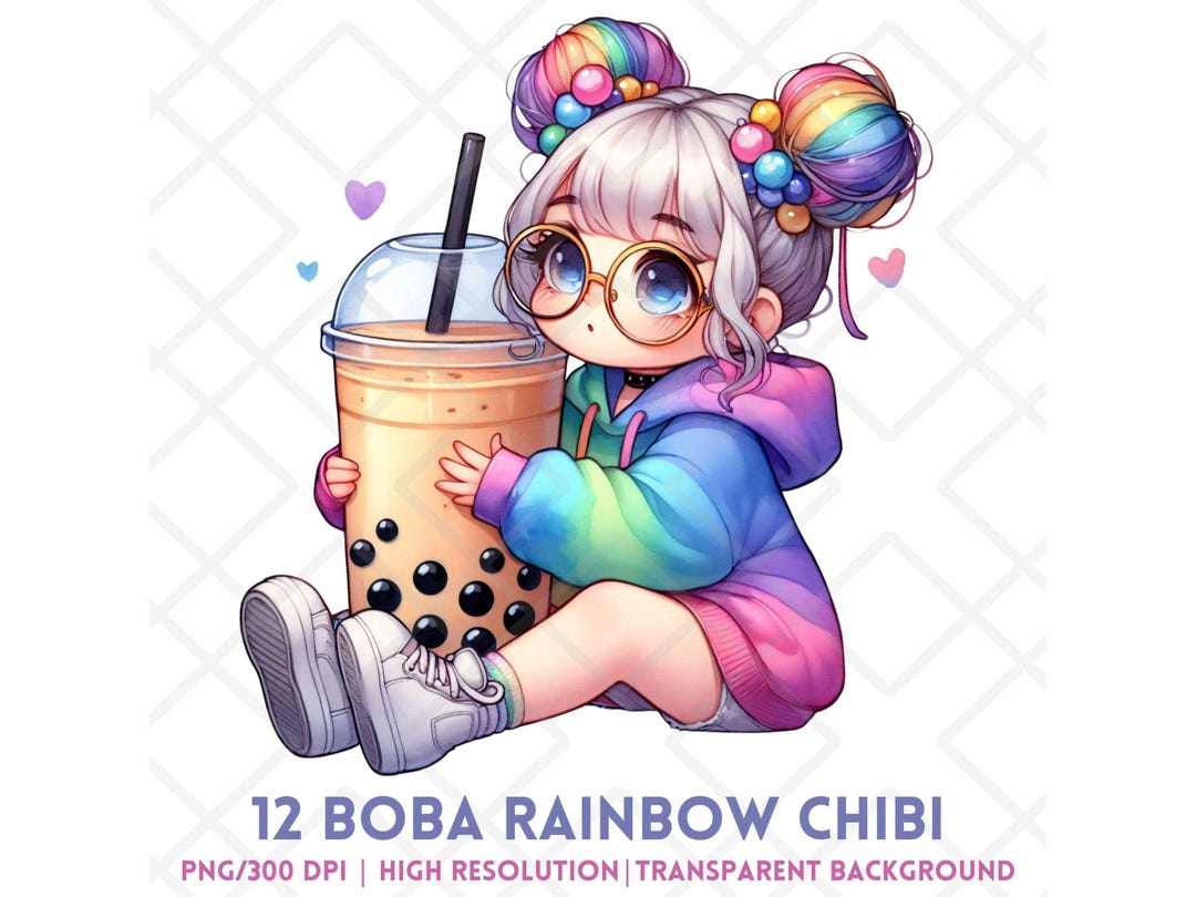 Boba Rainbow Chibi PNG, Watercolor Kawaii Girl in Rainbow Hoodie ...