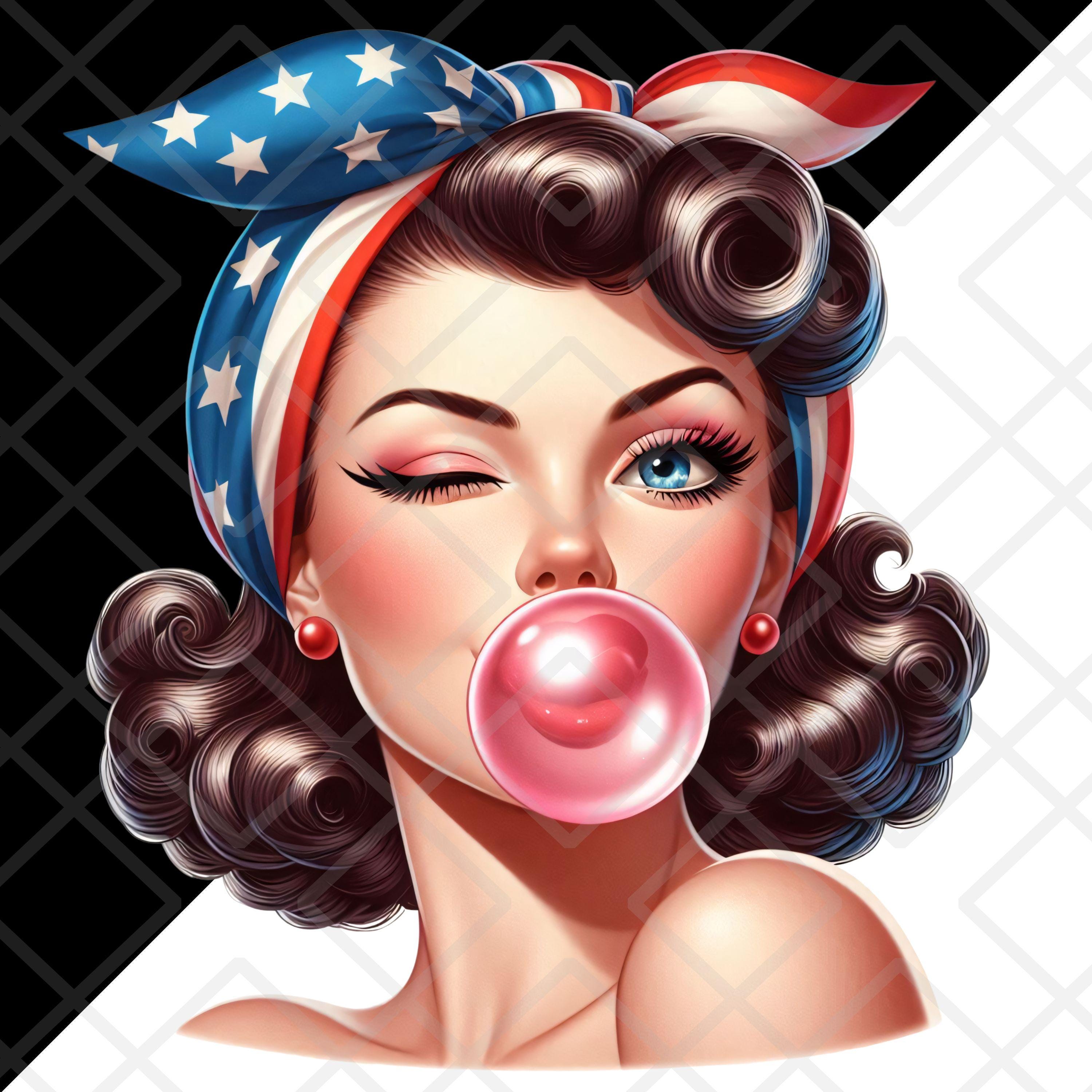 Patriotic Pinup Girl Blowing Bubble Gum, Retro 4th of July Clipart PNG ...