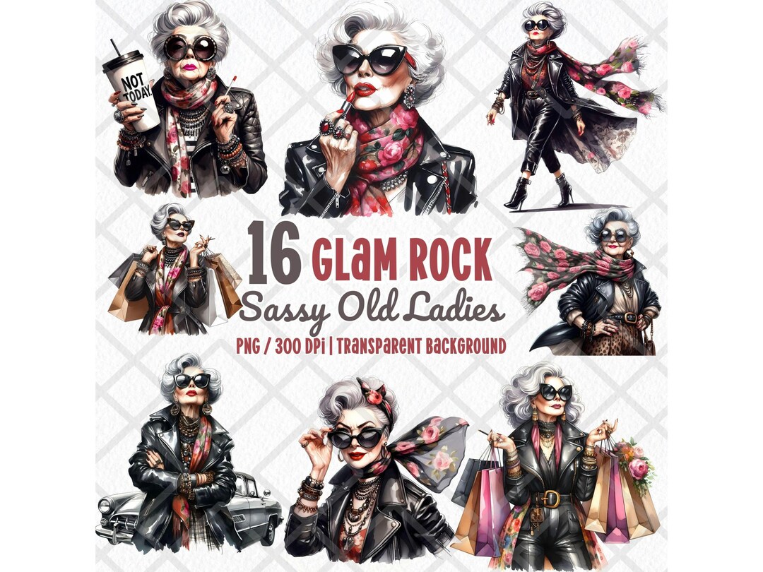 Glam Rock Sassy Old Lady PNG, Stylish Rebel Grandma Clipart, Fierce ...
