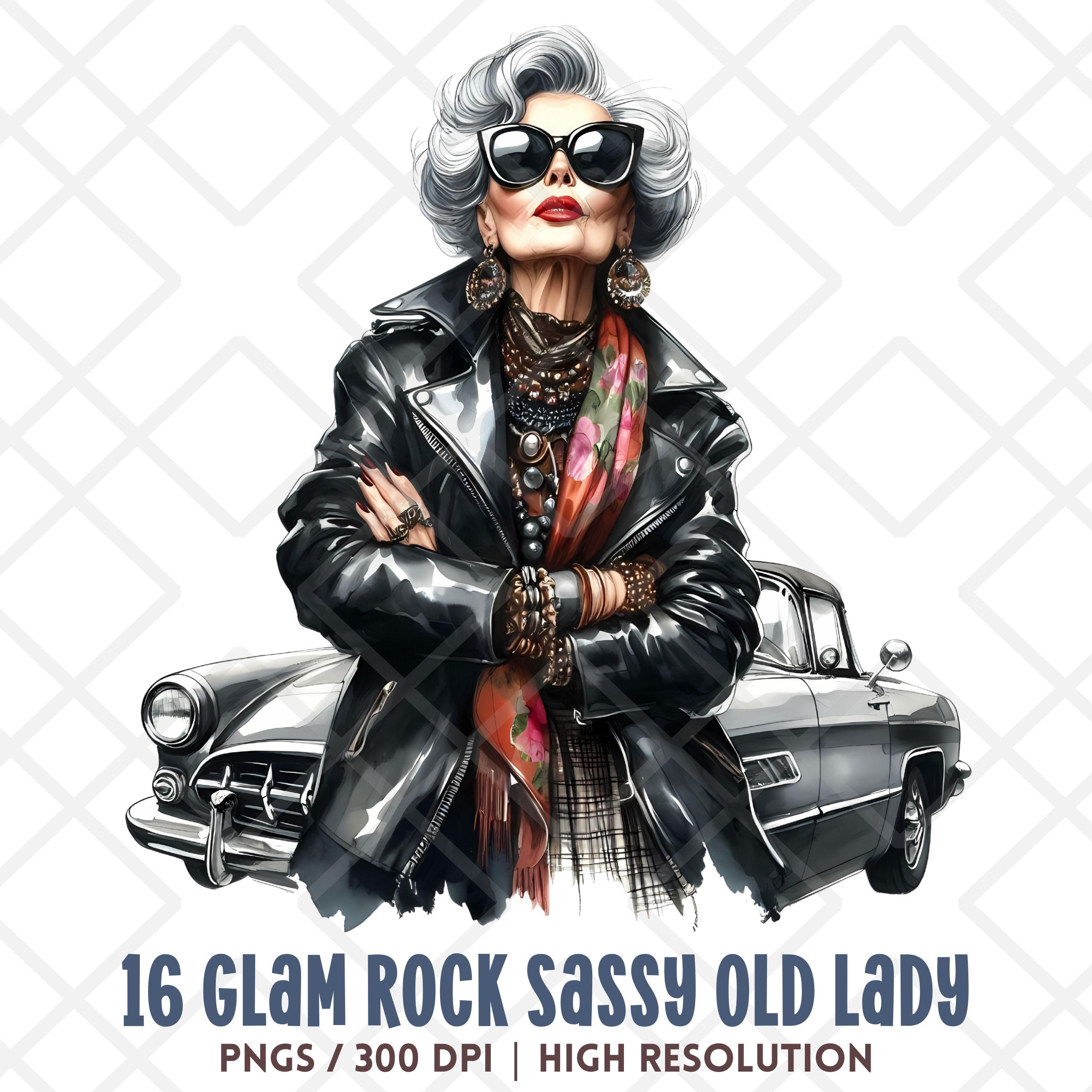 Glam Rock Sassy Old Lady PNG, Stylish Rebel Grandma Clipart, Fierce ...