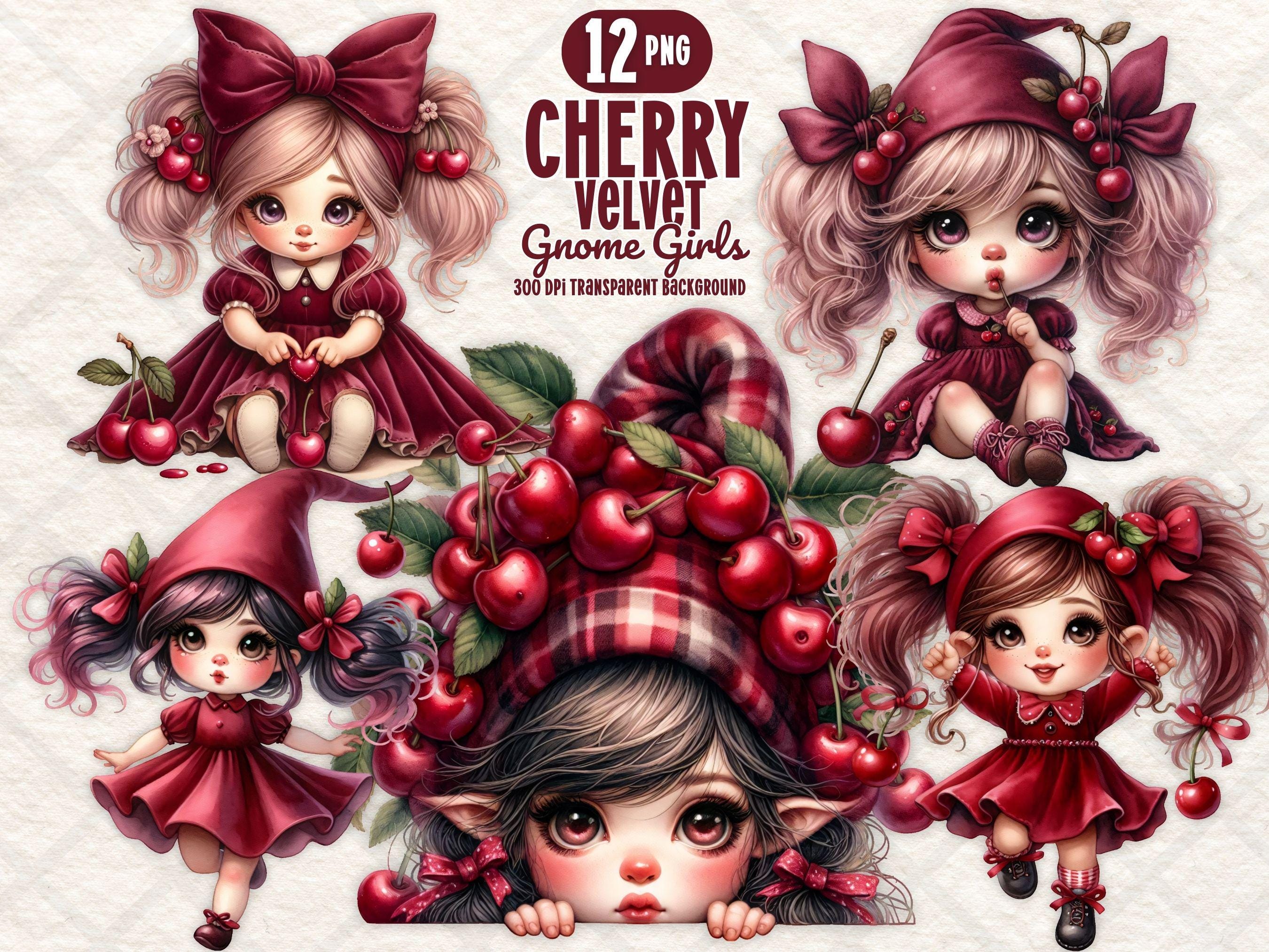 Watercolor Cherry Gnome Girl Clipart PNG Red Kawaii Gnome Clipart ...