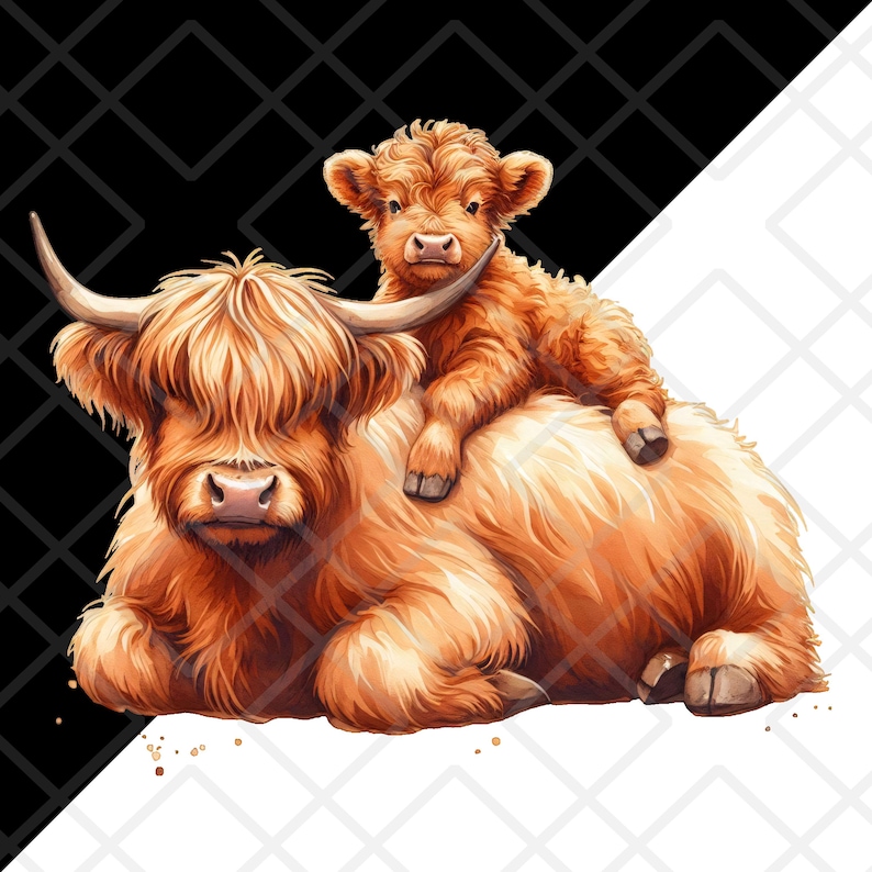 Mom and Baby Highland Cow PNG, Cute Farm Animal Clipart, Rustic Country ...