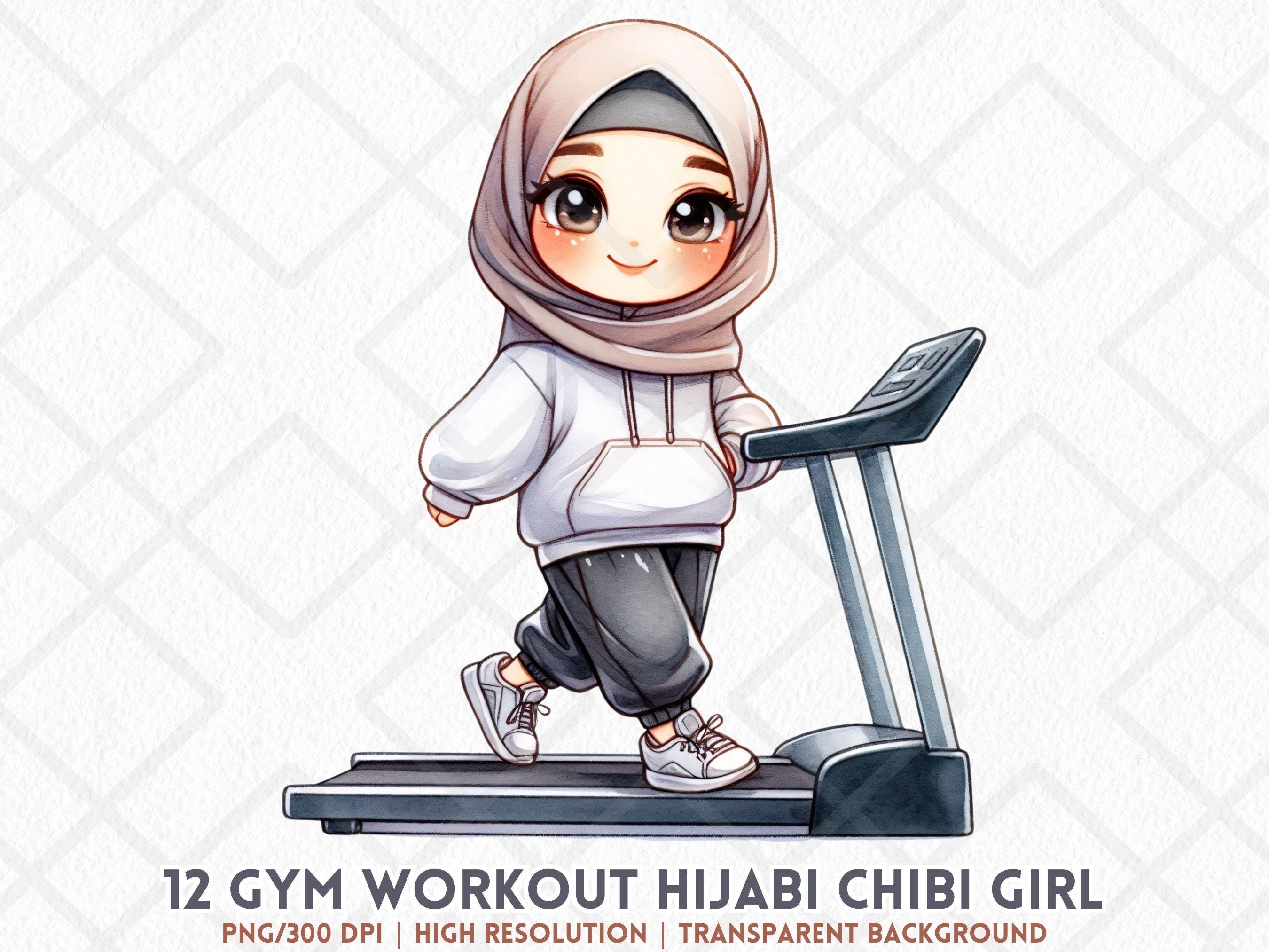 Cute Hijabi Chibi Girl Clipart Gym Workout Muslim Islam Muslimah PNG ...