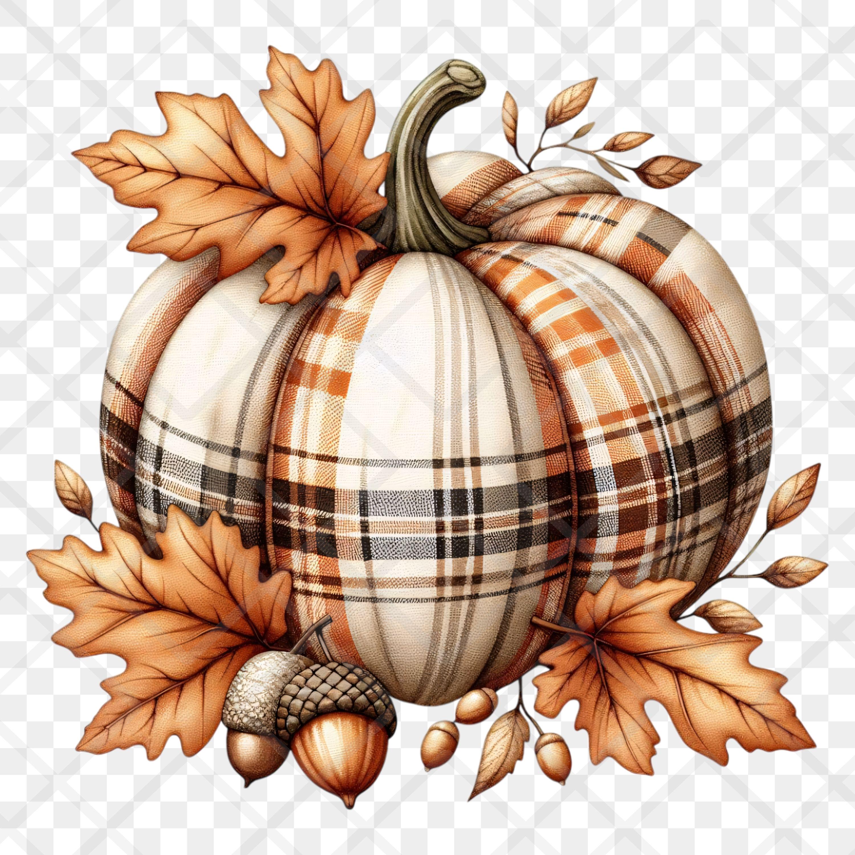 Autumn Leaves Pumpkin Clipart PNG, Plaid Patchwork Pumpkin Fall Clip ...