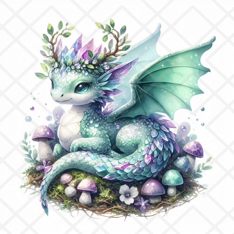 Crystal Forest Hatchling JPG Clipart, Cute Watercolor Baby Dragon With ...