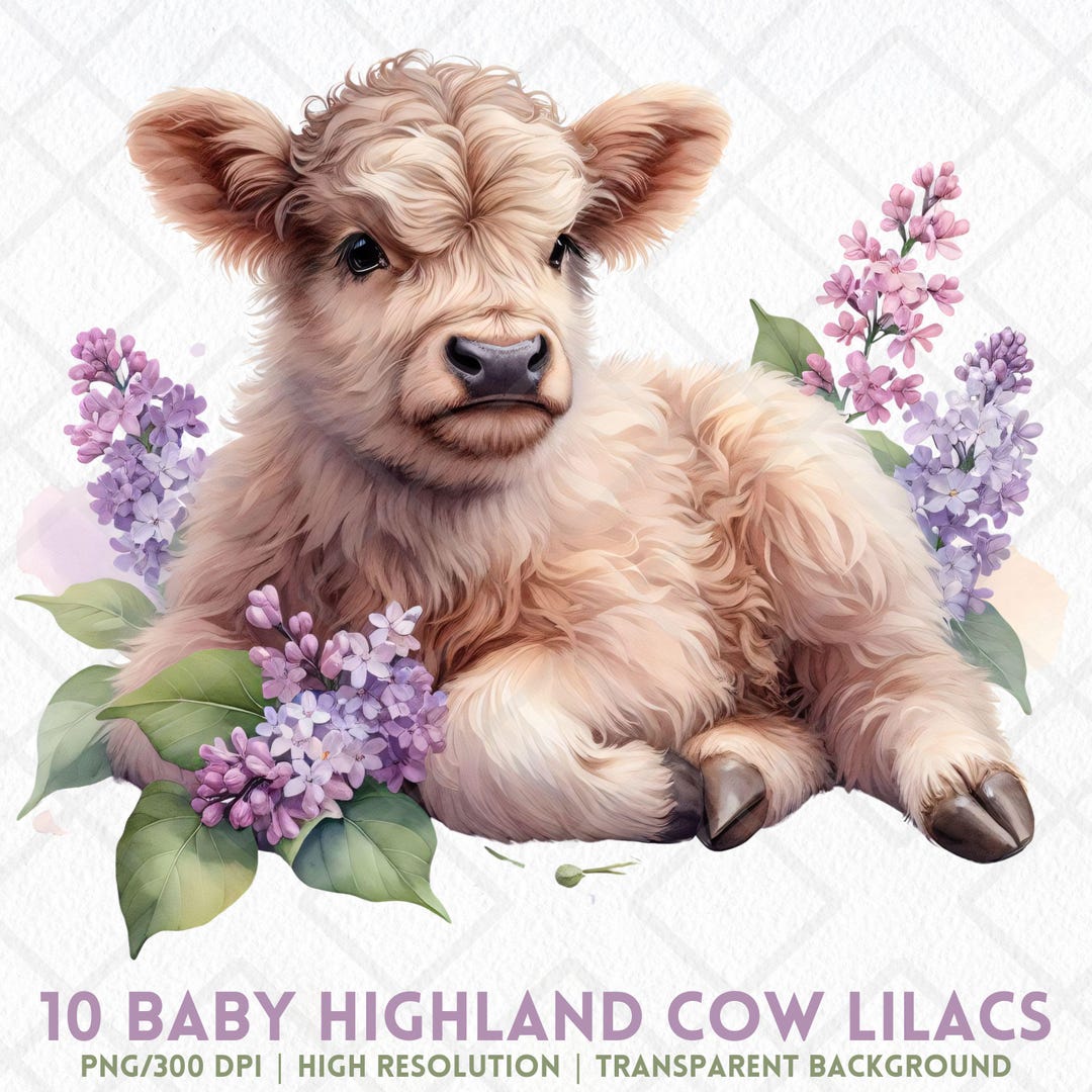 Baby Highland Cow With Lilacs PNG, Cute Spring Cow Clipart, Highland ...