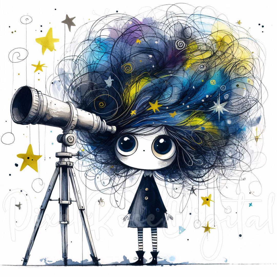 14 Whimsical Stargazer Girl Clipart JPG Big Eye Girl Telescope Galaxy ...