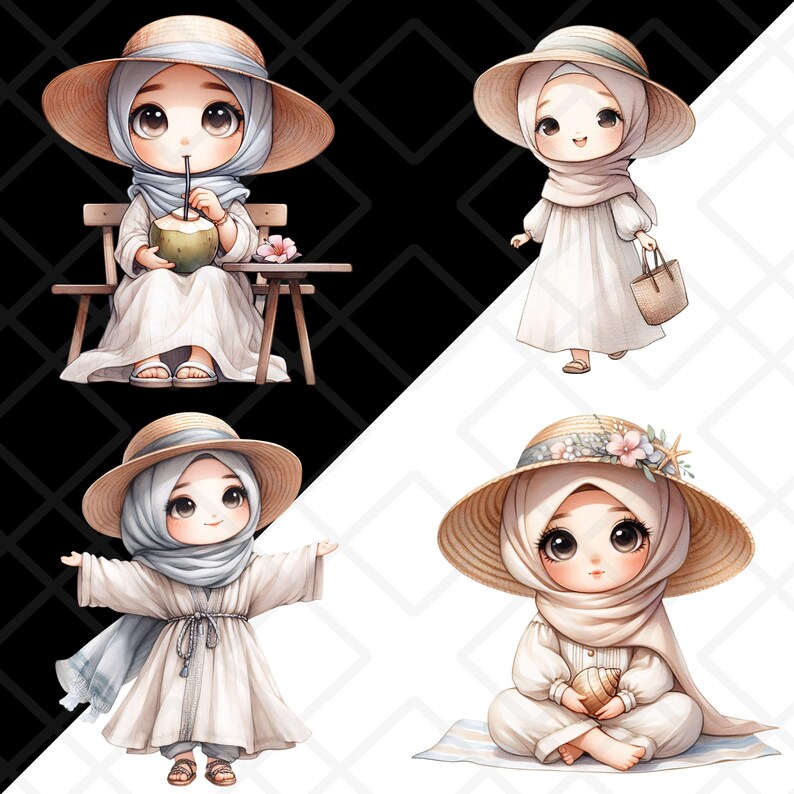 Cute Hijabi Chibi Girl Clipart Beach Day Muslim Islam Muslimah PNG ...