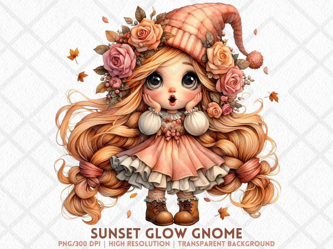 13 Sunset Glow Gnome Clipart PNG Autumn Floral Girl With Big Eyes for ...