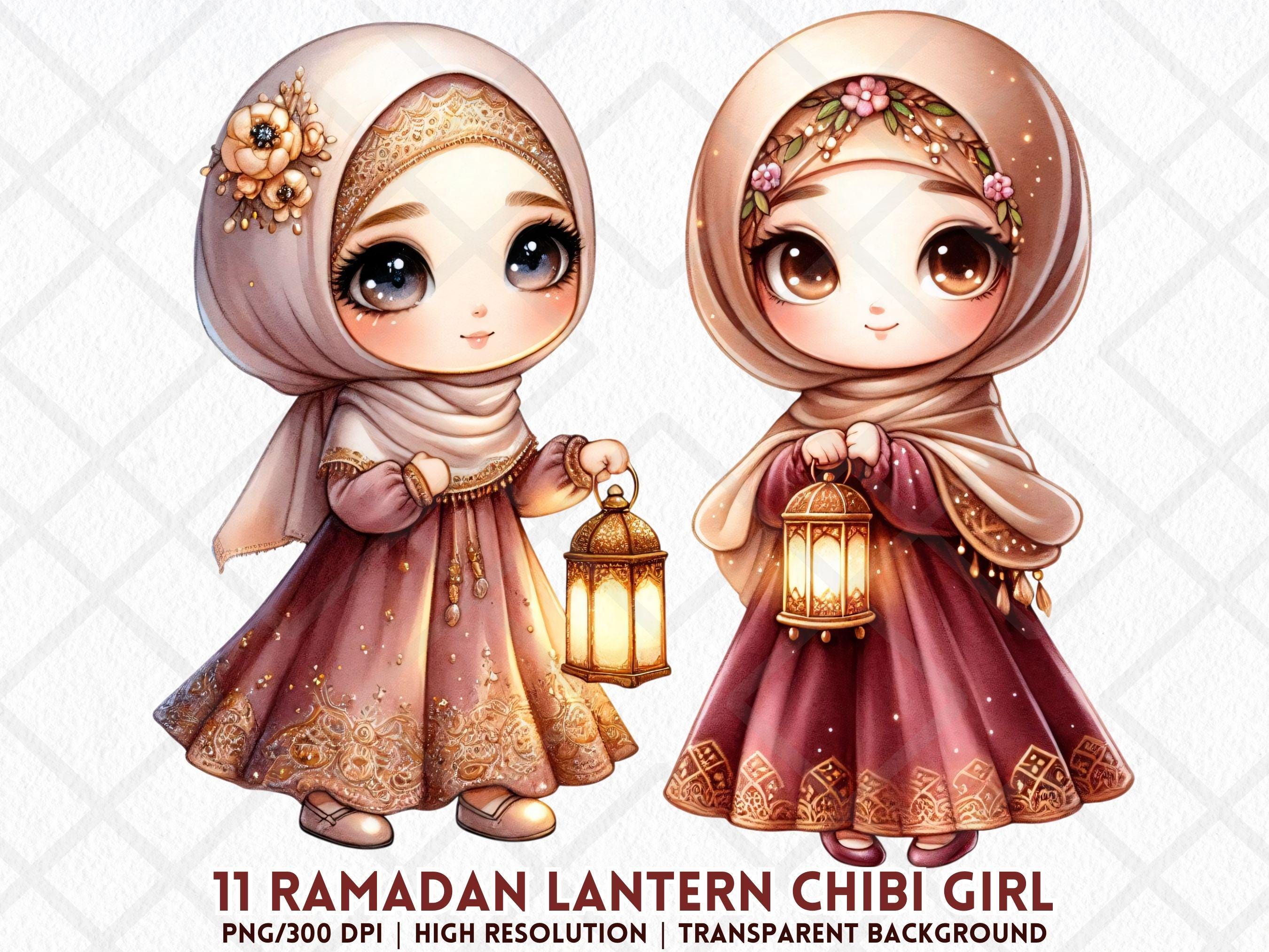 Cute Hijabi Chibi Girl Clipart Ramadan Lantern Muslim Islam Muslimah ...