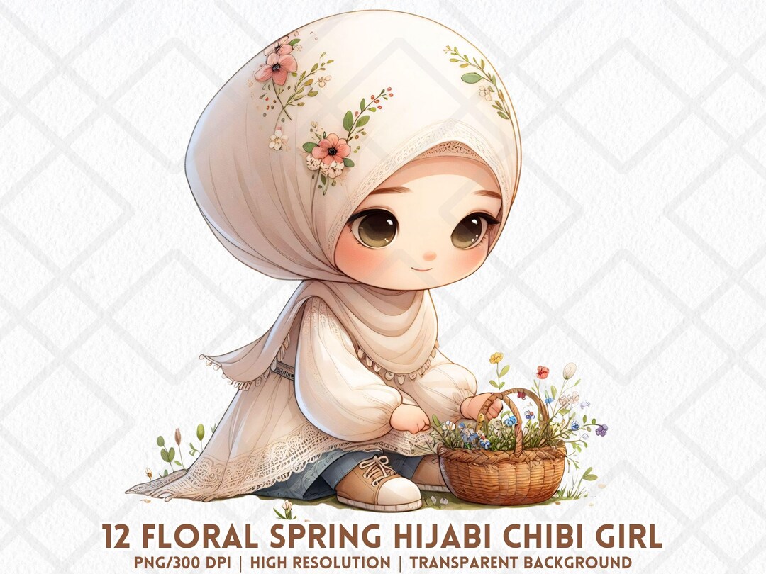 Cute Hijabi Chibi Girl Clipart Spring Floral Muslim Islam Muslimah PNG ...