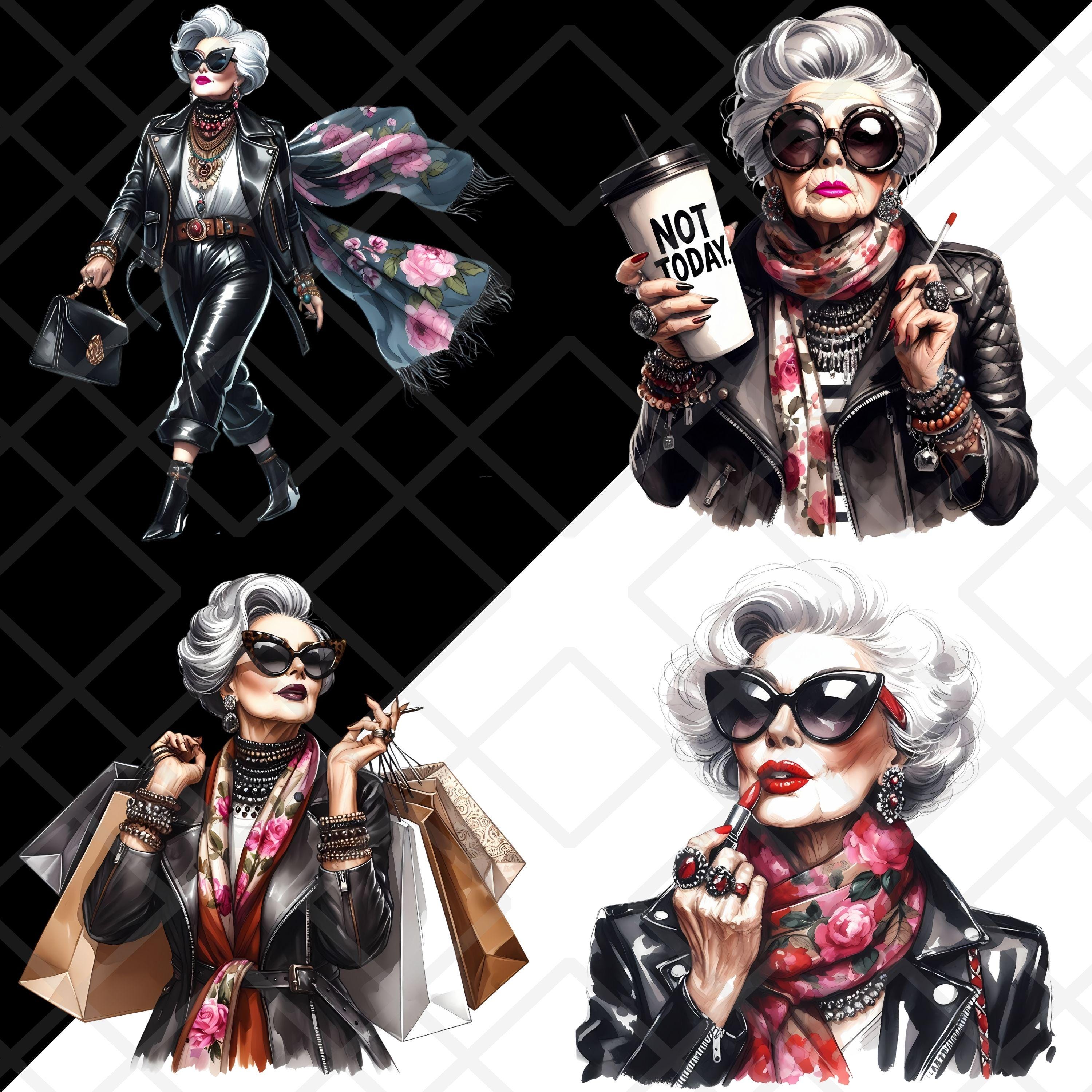 Glam Rock Sassy Old Lady PNG, Stylish Rebel Grandma Clipart, Fierce ...