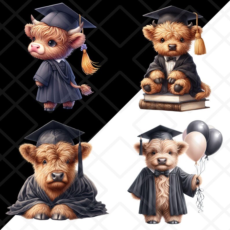 Baby Highland Cow Graduation Png Clipart, Cute Cow Png, Watercolor ...