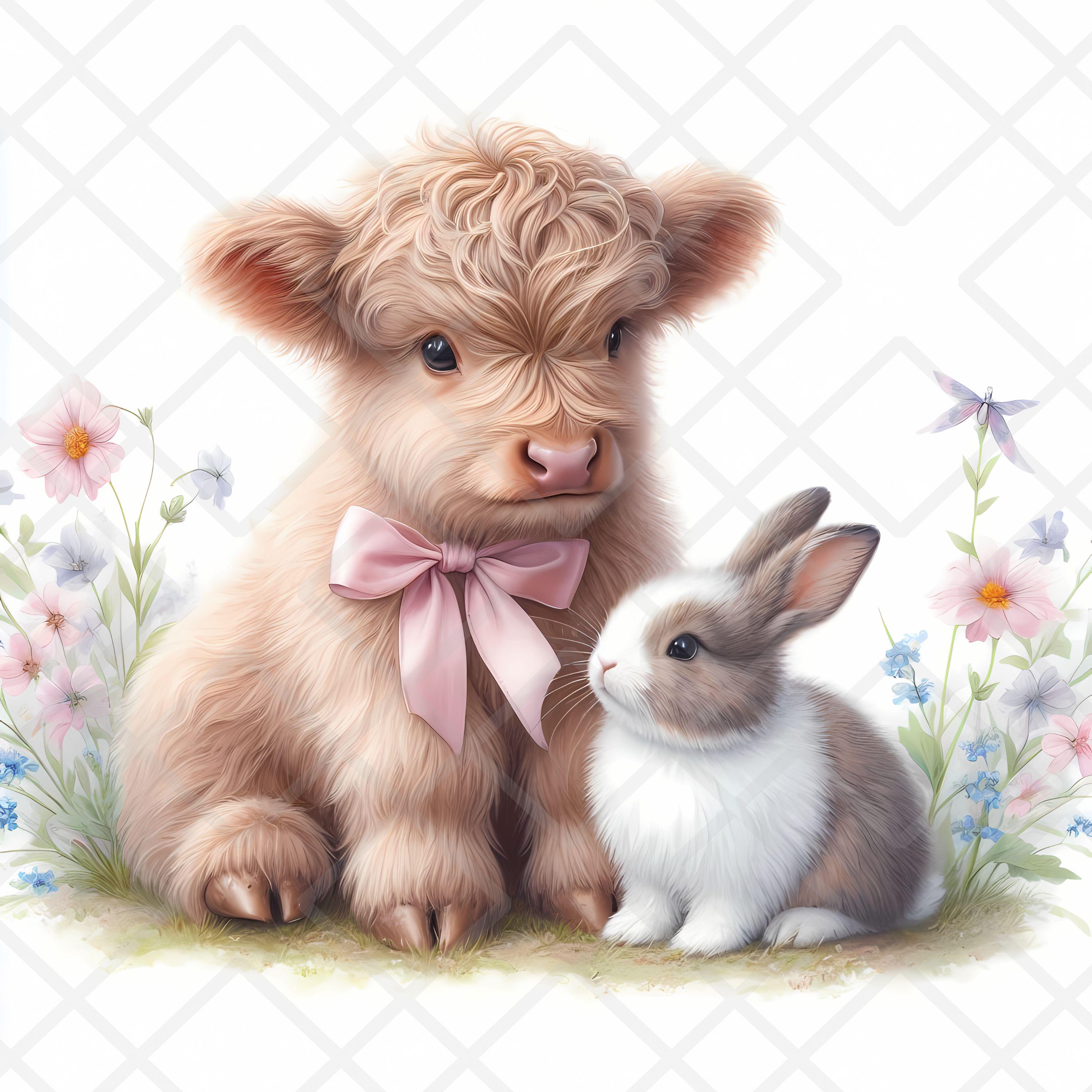 Highland Cow Bunny Best Friends Clipart JPG, Cute Easter Farm Animals ...