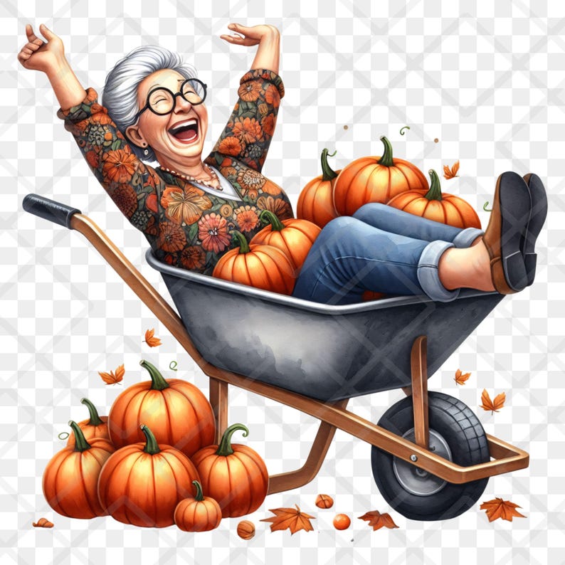 Pumpkin Wheelbarrow Clipart Afro Grandma Fall PNG Funny Old Lady Autumn ...
