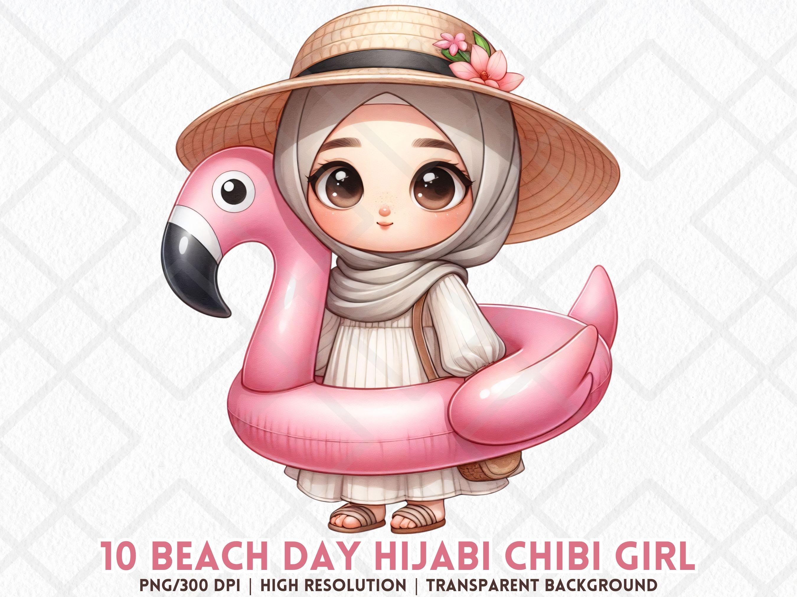 Cute Hijabi Chibi Girl Clipart Beach Day Muslim Islam Muslimah PNG ...
