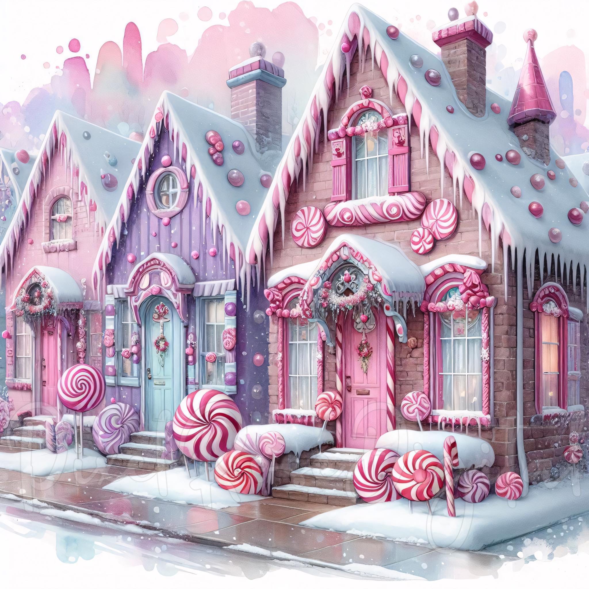 15 Peppermint Candy Cottage Clipart Bundle Pink Gingerbread House ...