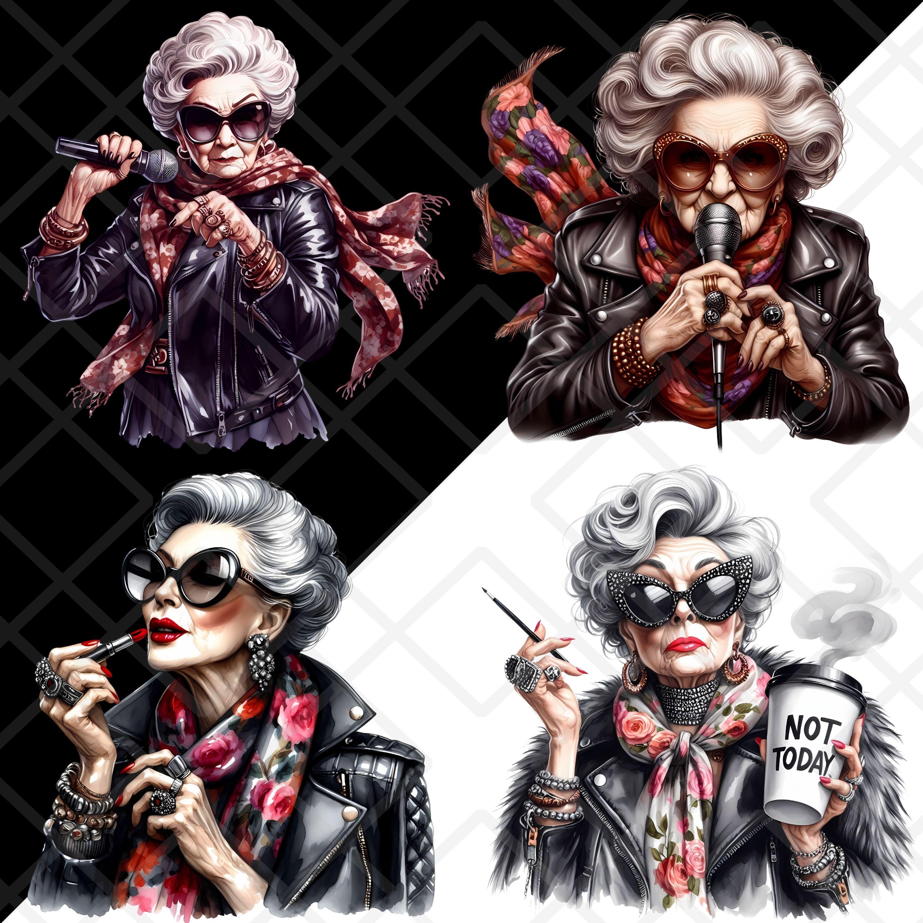 Glam Rock Sassy Old Lady PNG, Stylish Rebel Grandma Clipart, Fierce ...
