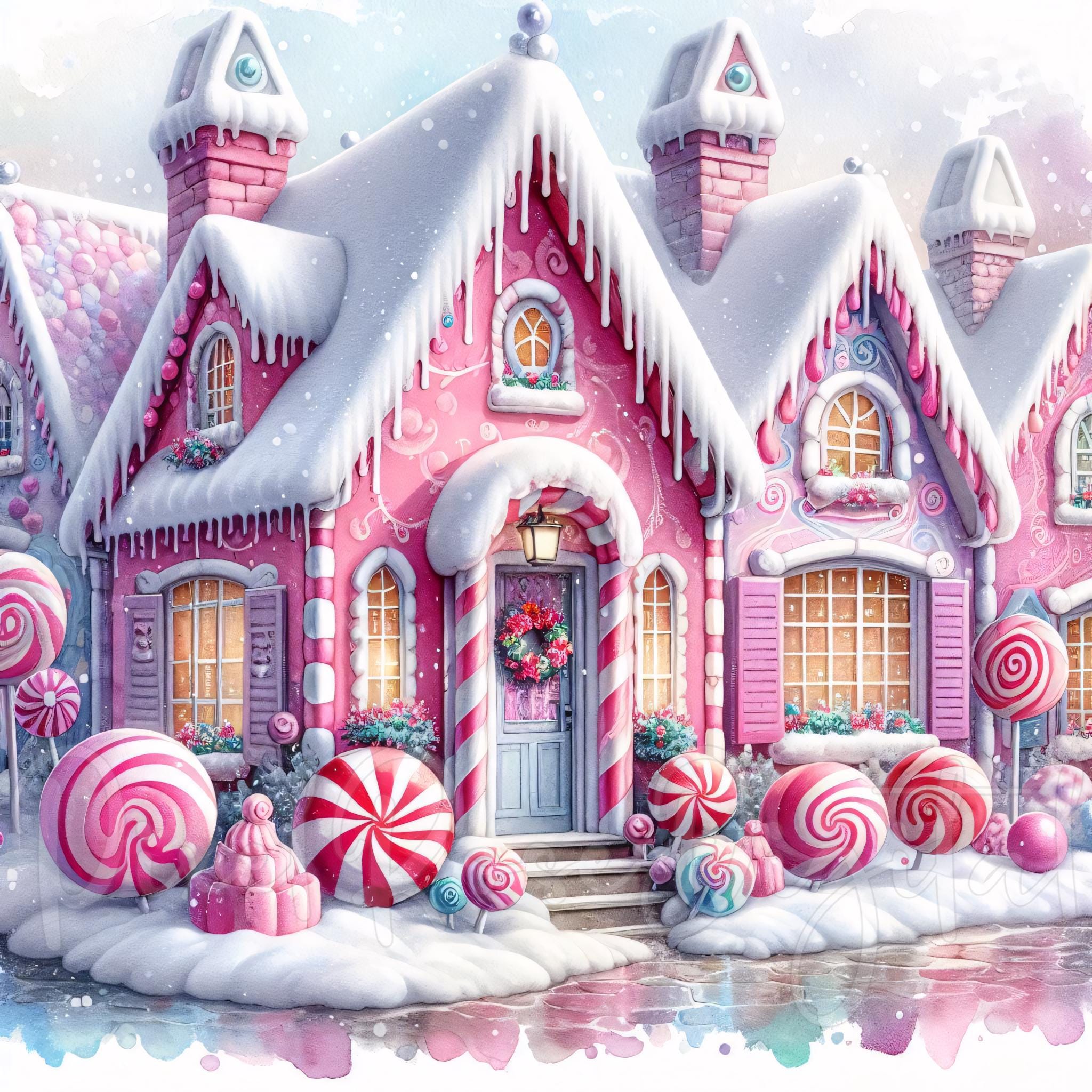 15 Peppermint Candy Cottage Clipart Bundle Pink Gingerbread House ...
