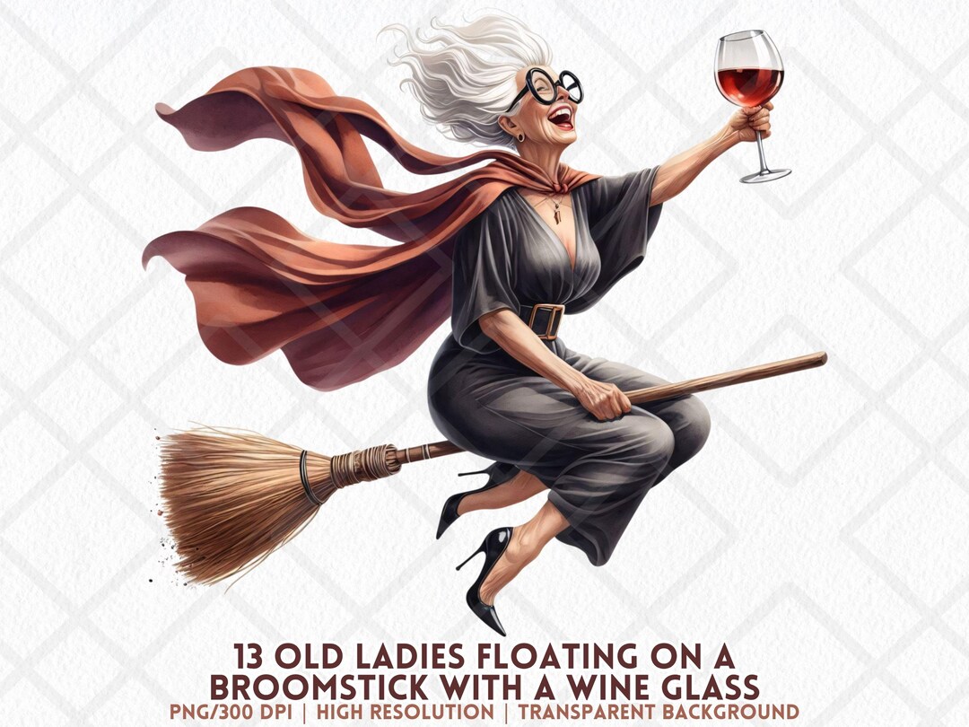 Funny Witch Clipart Wine Flying Grandma PNG Old Lady on Broomstick ...