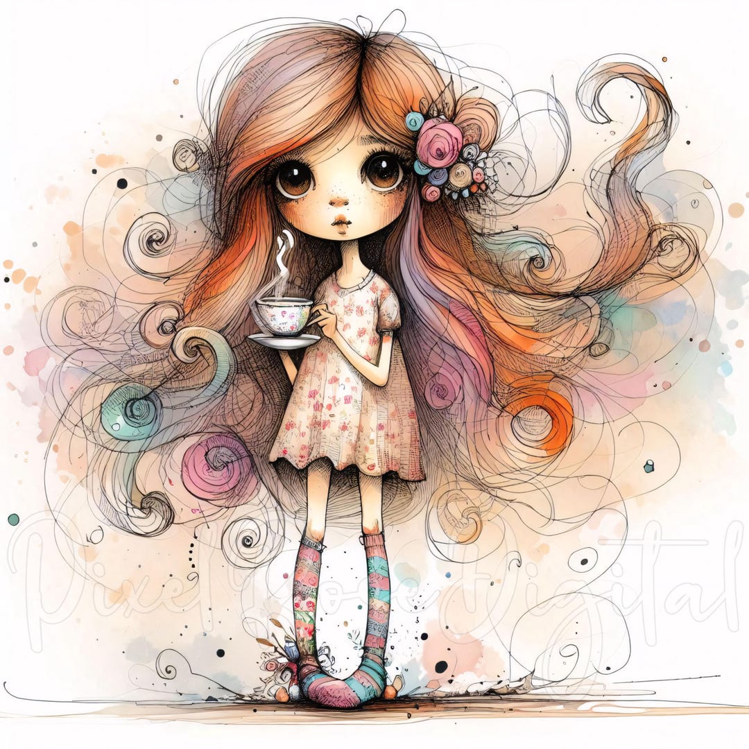 12 Quirky Tea Time Girl Clipart JPG Cozy Chibi Girl Holding Teacup ...