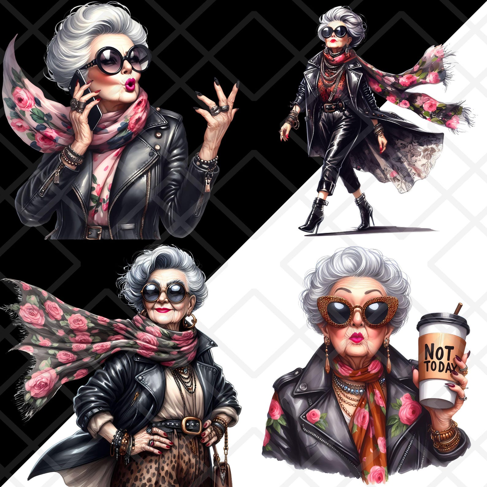 Glam Rock Sassy Old Lady PNG, Stylish Rebel Grandma Clipart, Fierce ...