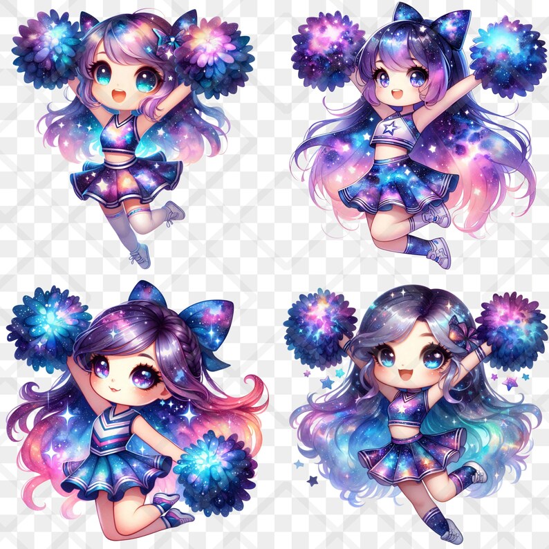 Galaxy Cheerleader Clipart PNG Cosmic Chibi Girl With Pom Poms Star ...