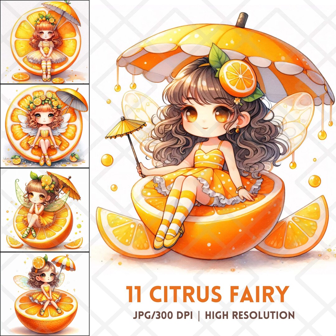 Citrus Fairy JPG, Watercolor Orange Slice Chibi Fairy Clipart, Kawaii ...