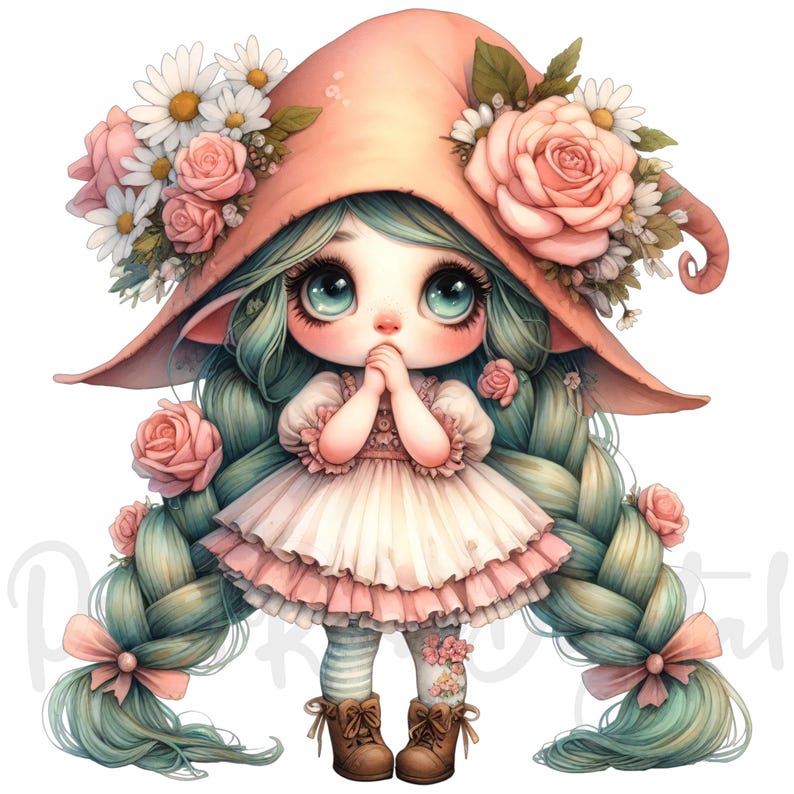 12 Mint Meadow Gnome Clipart PNG Green Braided Hair Girl Floral Hat ...