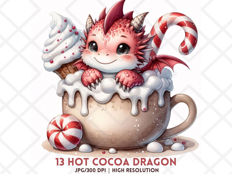 Hot Cocoa Dragon Clipart JPG Christmas Peppermint Mug Dragon Kawaii ...