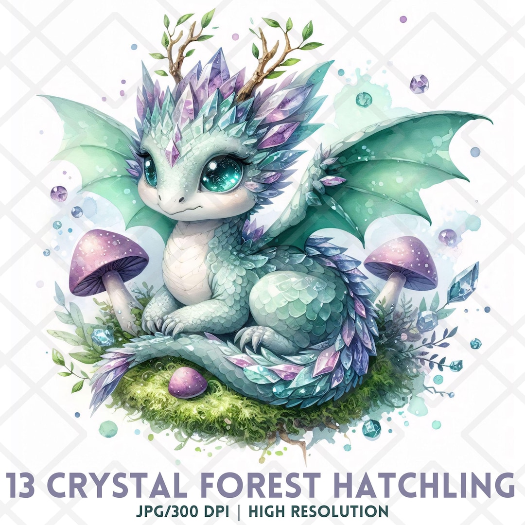 Crystal Forest Hatchling JPG Clipart, Cute Watercolor Baby Dragon With ...