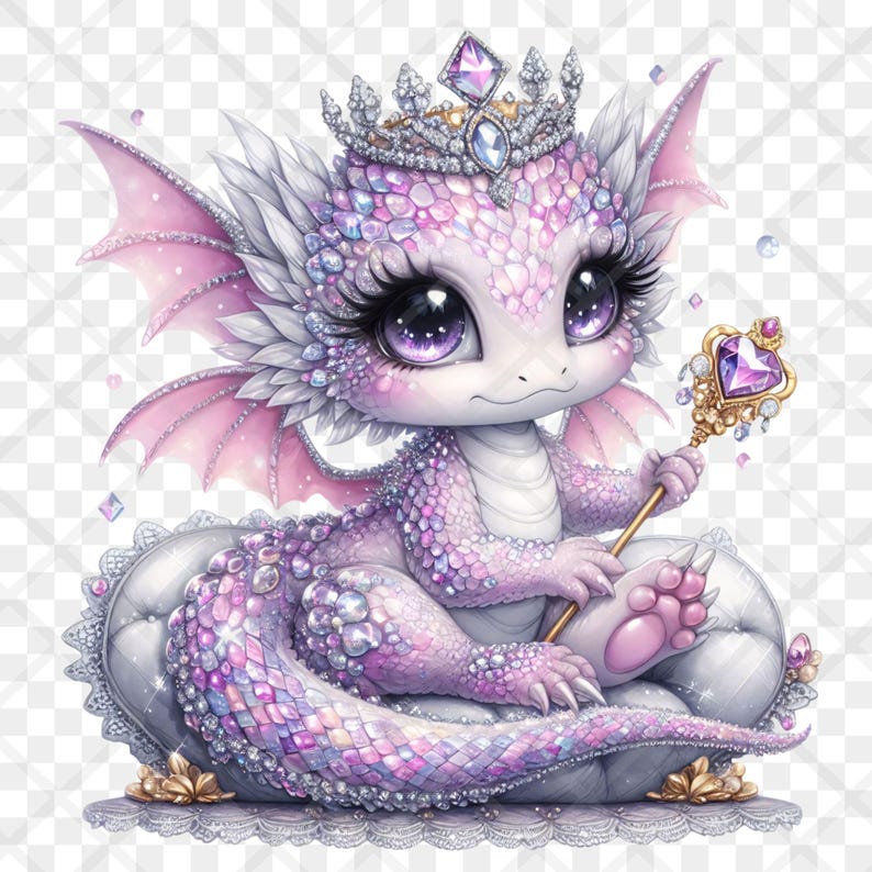 Crystal Dragon Princess Clipart PNG Pink Lilac Baby Dragon Crown Wand ...