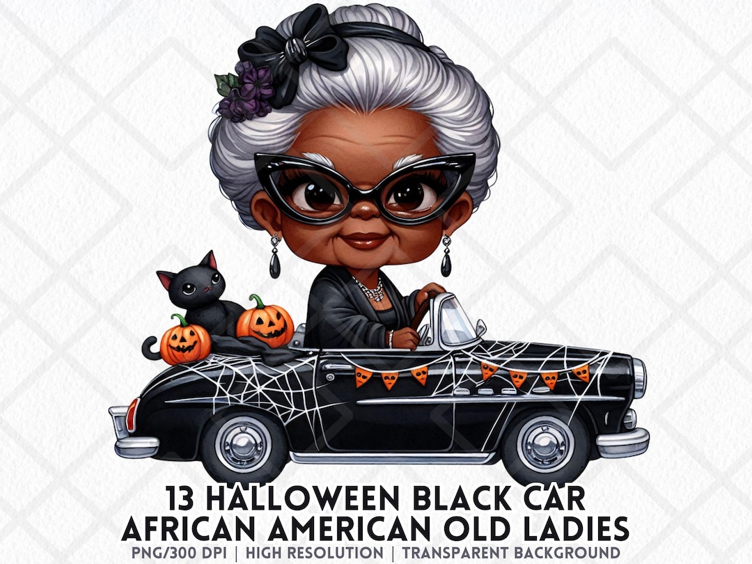 Halloween Black Car Chibi Old Ladies PNG Cute Witch Clipart African ...