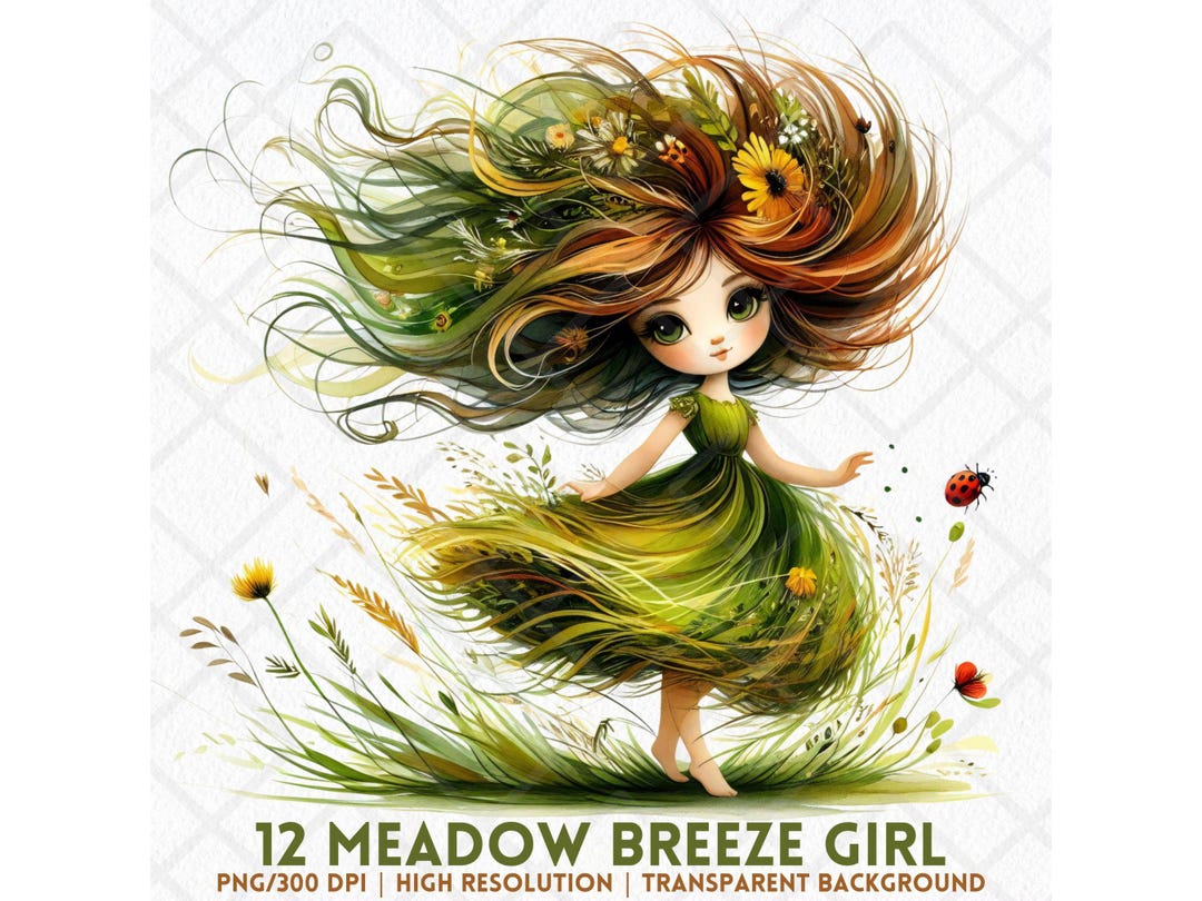 Meadow Breesze Girl Clipart, Whimsical Windswept Hair Girl PNG ...