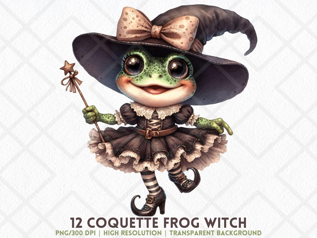 Coquette Frog Witch Clipart PNG Cute Fall Halloween PNG Magical Frog ...