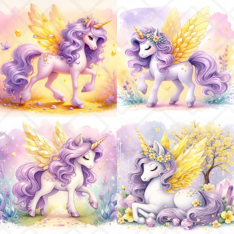 Watercolor Lilac Unicorn Clipart: Sparkling Wings, Floral Art (JPG) - Etsy