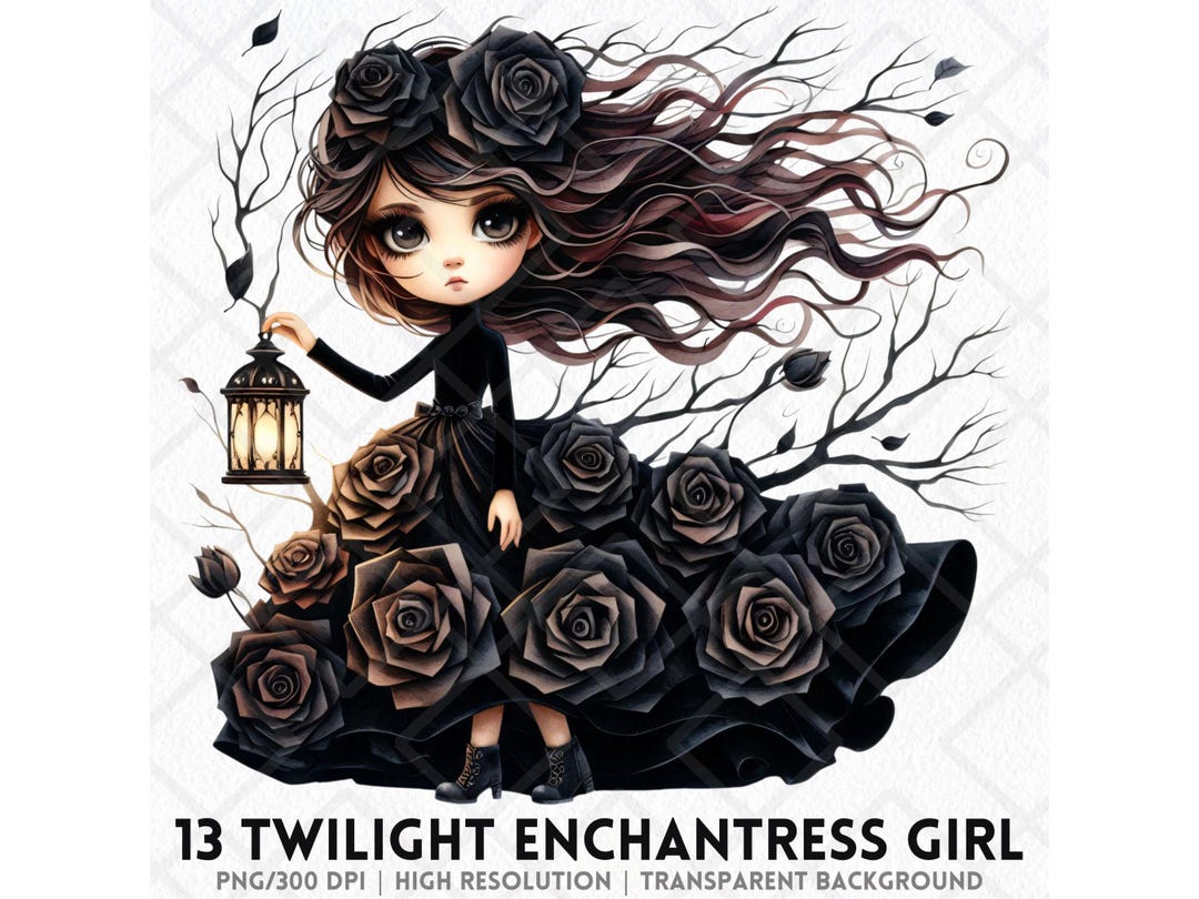 Twilight Enchantress Girl Clipart, Whimsical Windswept Hair Girl PNG ...