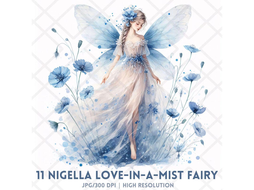 Nigella Love-in-a-mist Fairy JPG, Watercolor Fairy Clipart JPG, Cute ...