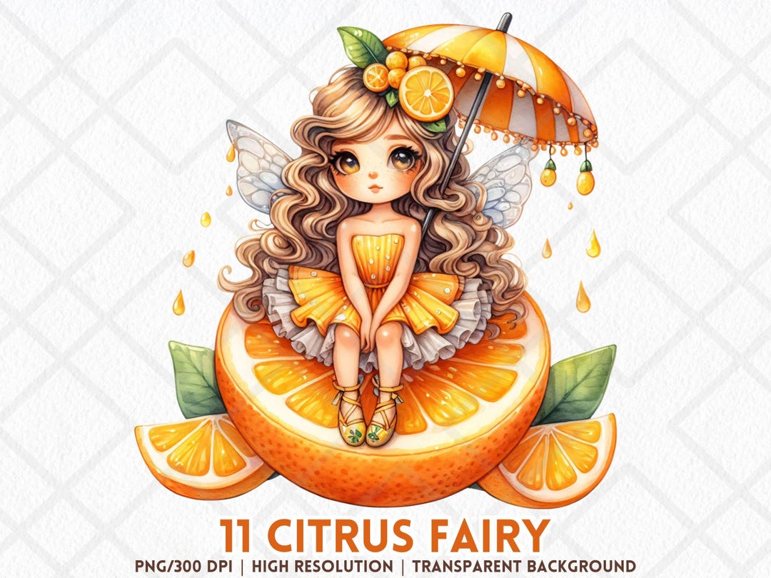 Watercolor Citrus Fairy PNG, Orange Slice Chibi Clipart (digital ...