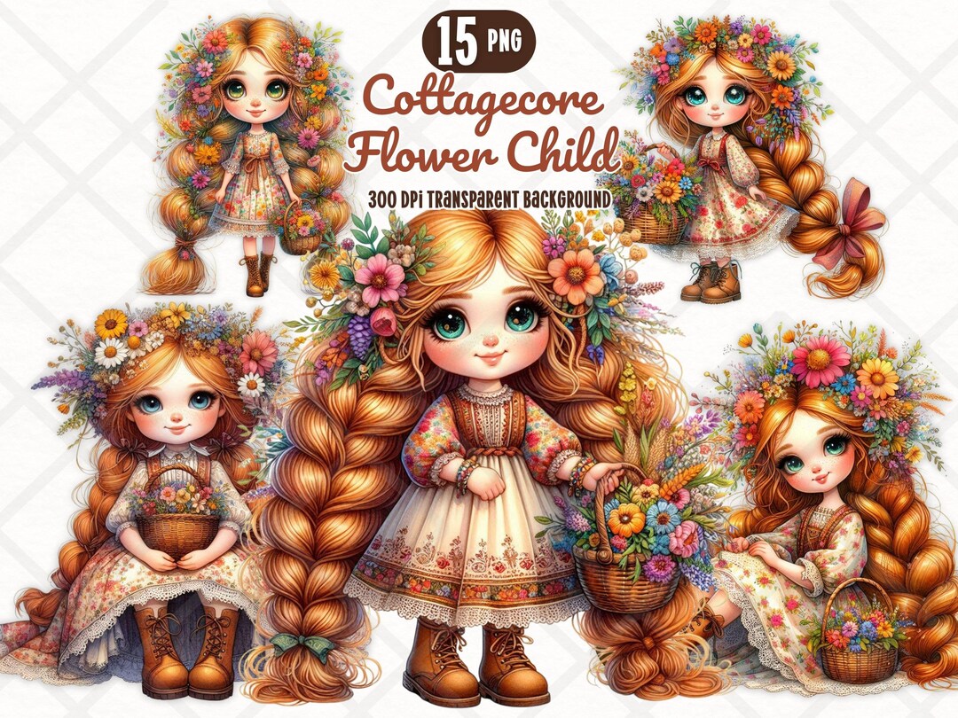 Cottagecore Flower Child PNG Bundle Chibi Floral Girl Clipart ...