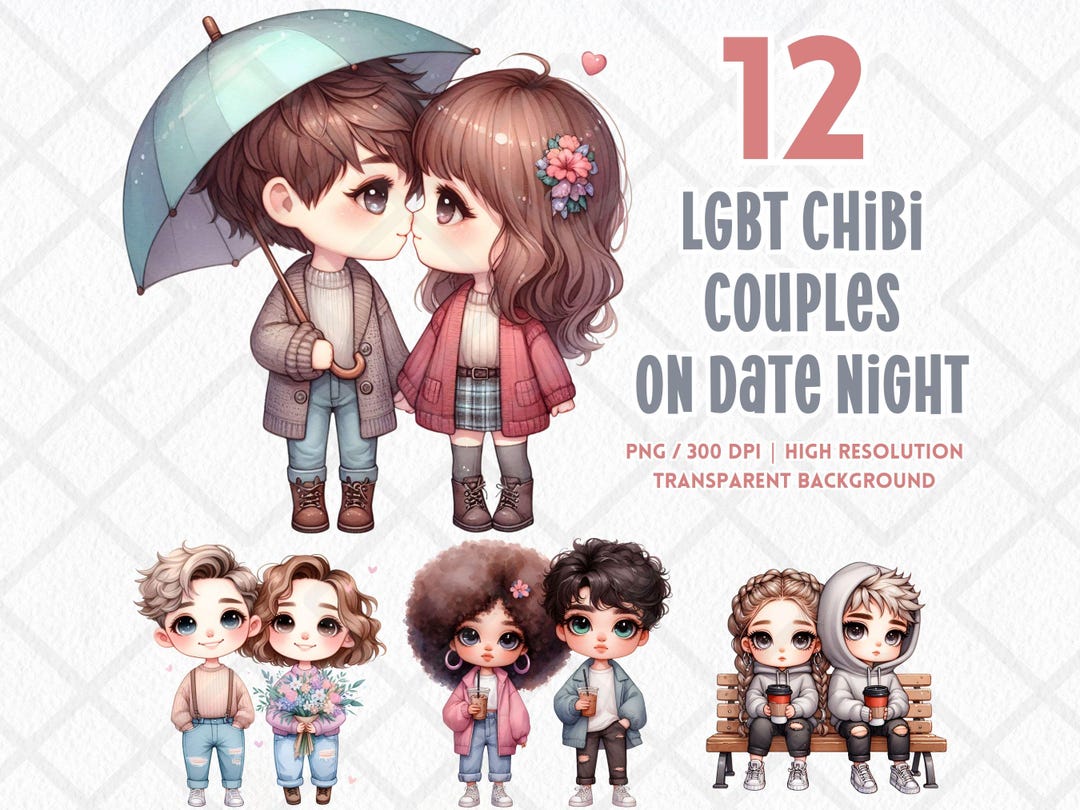 LGBT Chibi Couples on Date Night Clipart Pride Month Gay Lesbian Pride ...